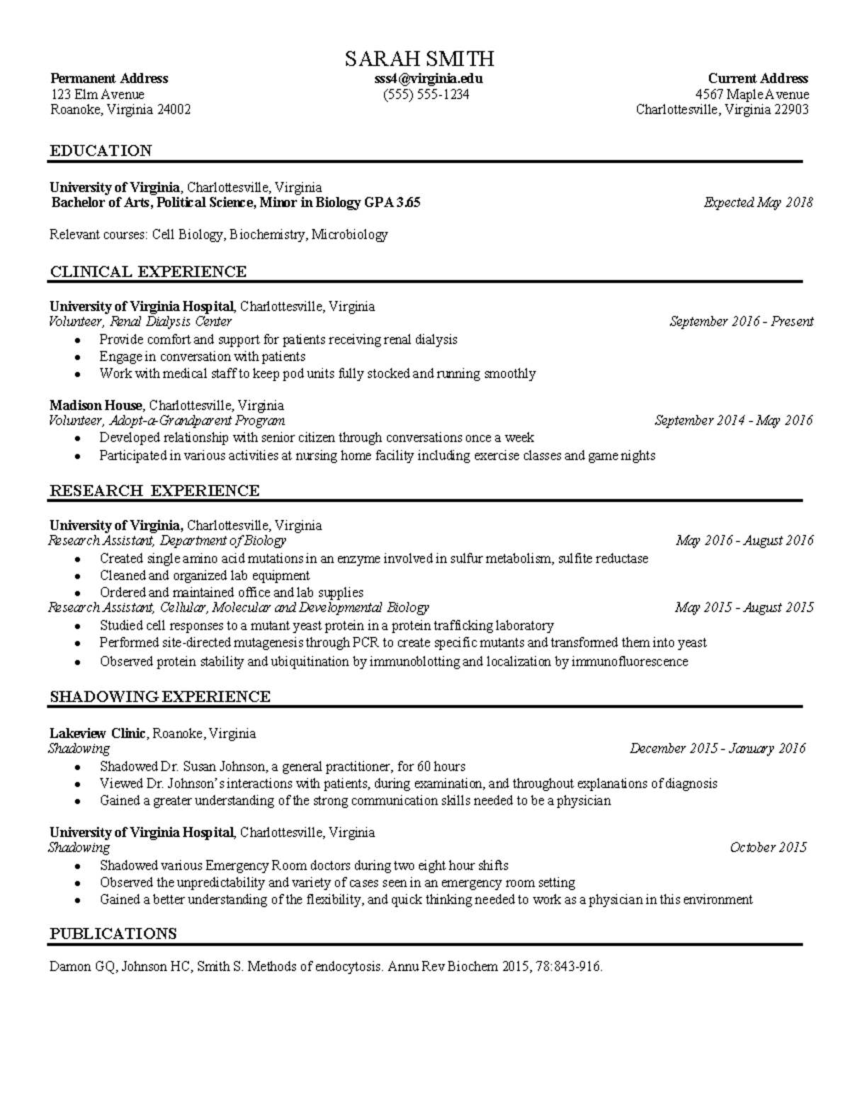 Resume Activity - SARAH SMITH Permanent Address 123 Elm Avenue Roanoke ...