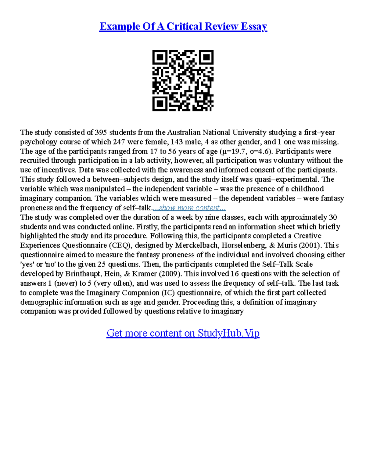 Critique Essay Examples - Example Of A Critical Review Essay The study ...