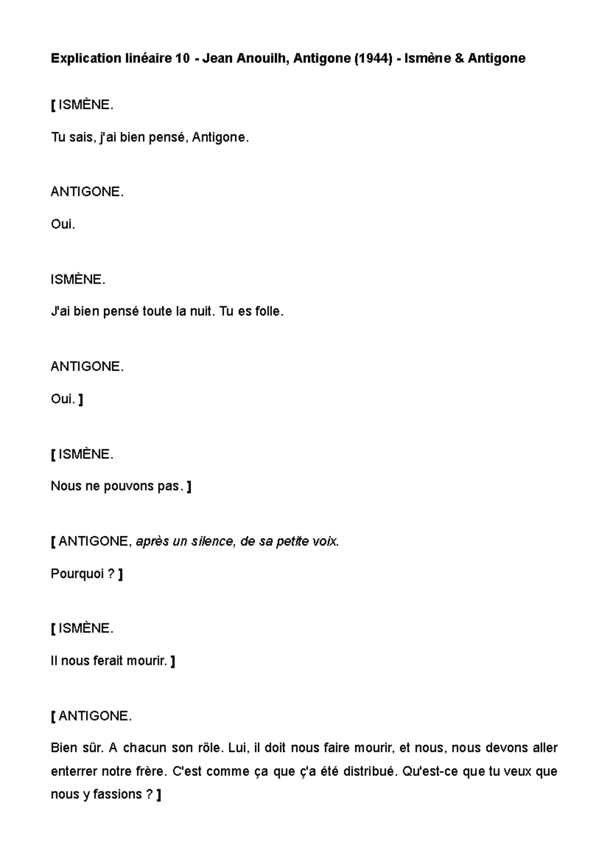 Explication linéaire - Oral - Jean Anouilh, Antigone (1944) - Ismène ...