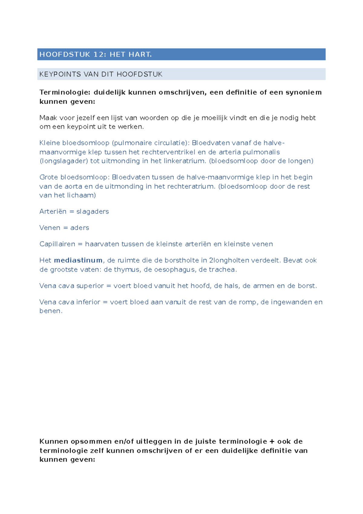Key-points hoofdstuk 12 samenv - HOOFDSTUK 12: HET HART. KEYPOINTS VAN DIT HOOFDSTUK ...