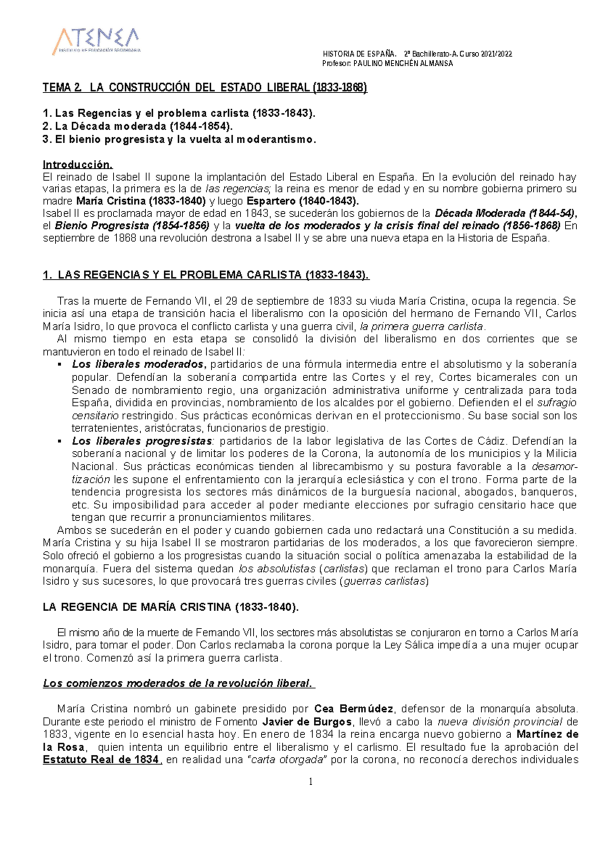 2. Tema 2. La construccion de Estado Liberal - HISTORIA DE ESPAÑA. 2º Bachillerato-A. Curso 2021 ...