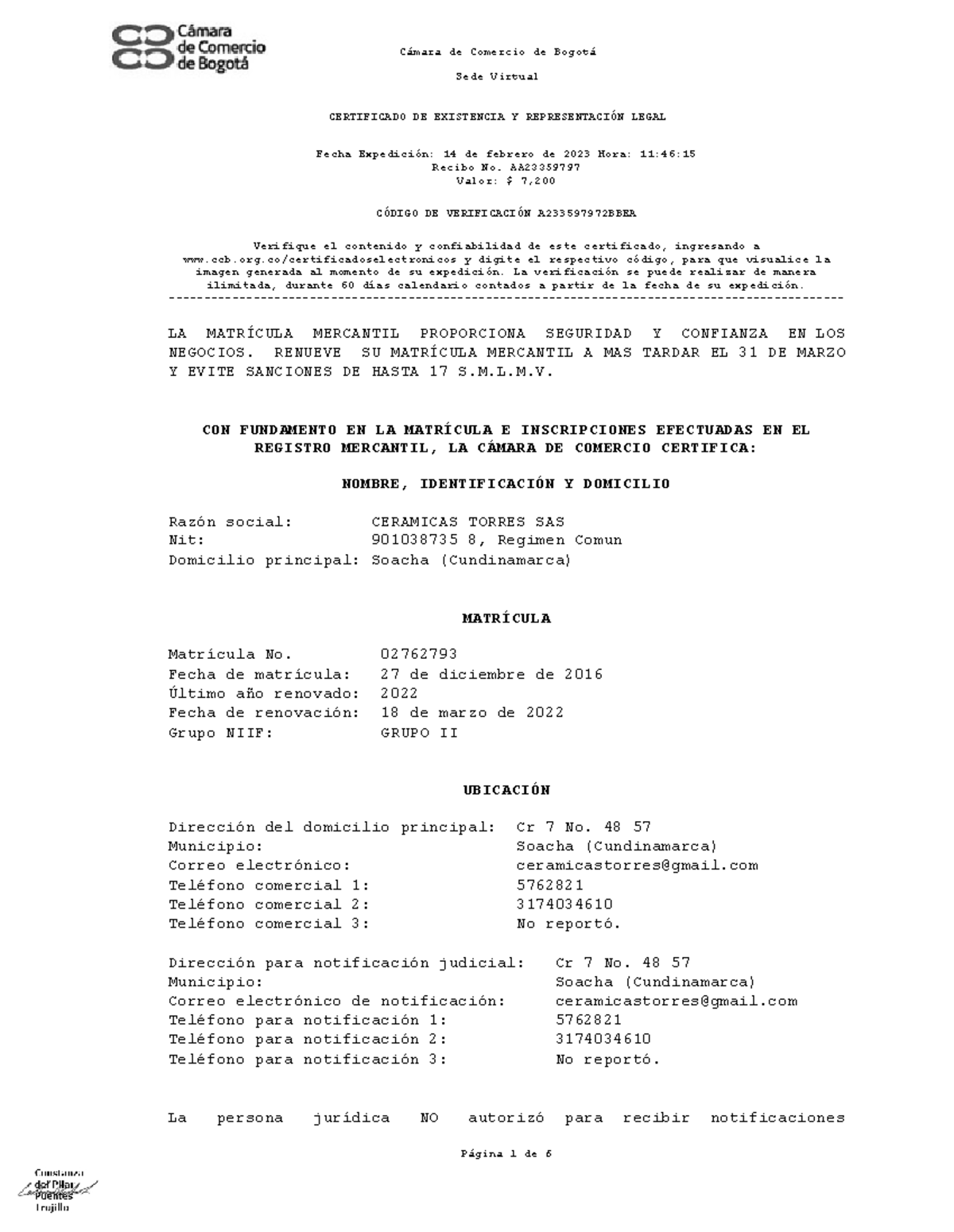 Camara DE Comercio Febrero 2023 - Sede Virtual CERTIFICADO DE EXISTENCIA Y REPRESENTACIÓN LEGAL ...