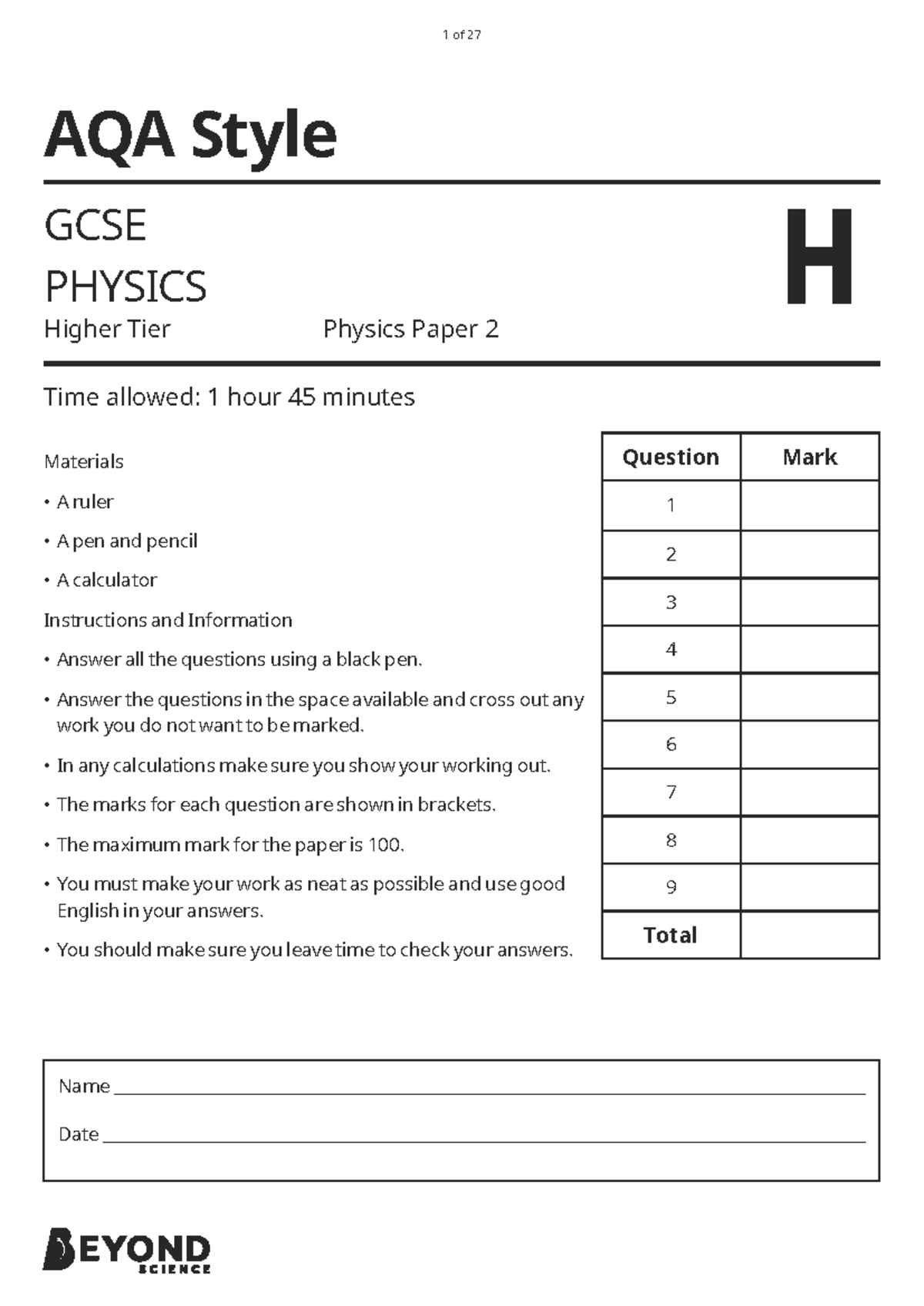 Physics paper - None - AQA Style Name Date Materials • A ruler • A pen ...