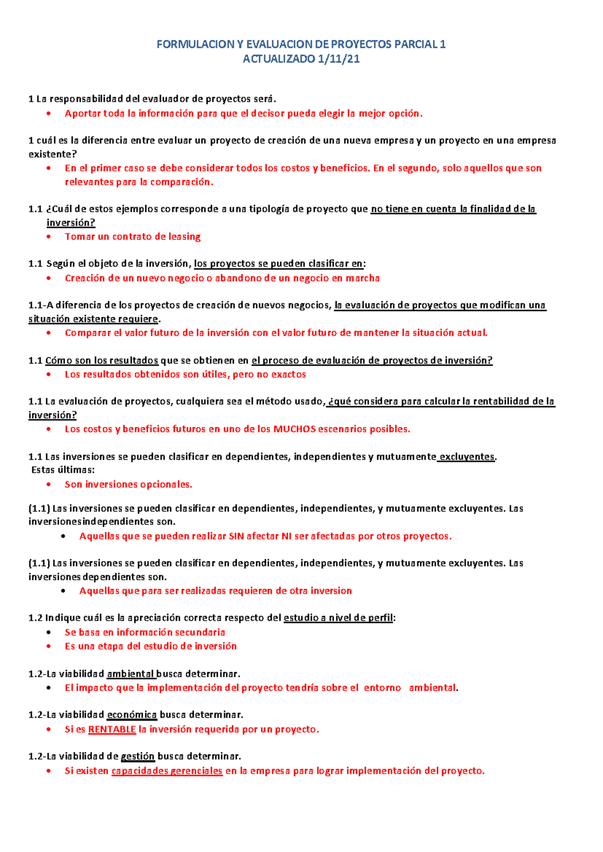 Formulacion Primer Parcial - FORMULACION Y EVALUACION DE PROYECTOS PARCIAL 1 ACTUALIZADO 1/11/ 1 ...