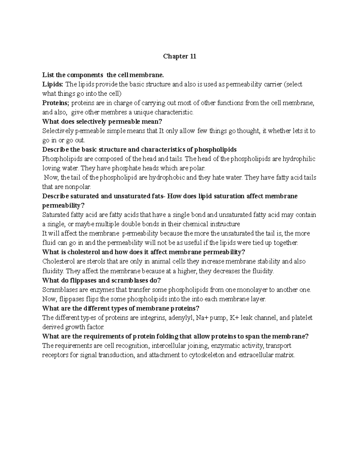 Chapter 11 Homework - Chapter 11 List the components the cell membrane ...