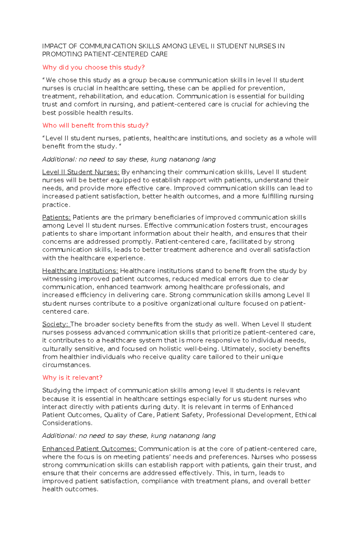 Possible-questions - Research question - IMPACT OF COMMUNICATION SKILLS ...