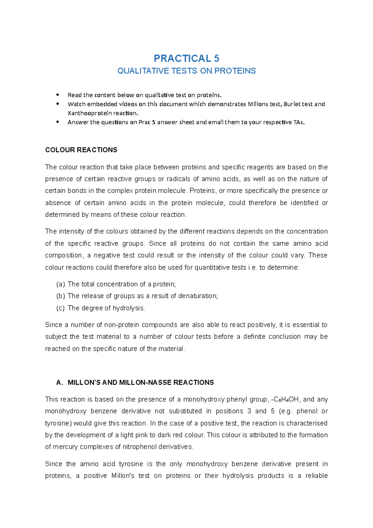 BIOC201 Practical 5 - Qualitative test on proteins - PRACTICAL 5 ...