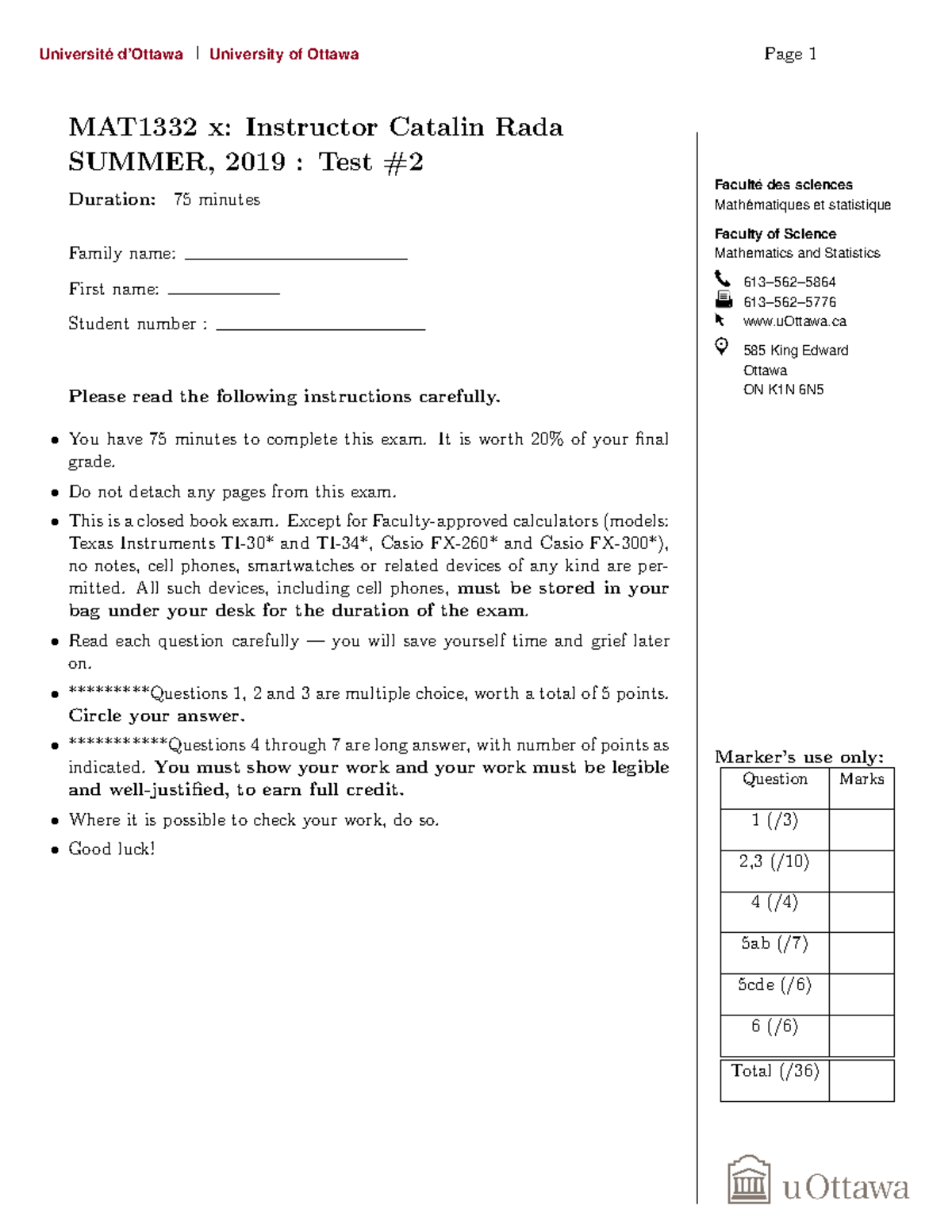 1332x T2 Summer - Practice midterm of the linear algebra unit of calc ...