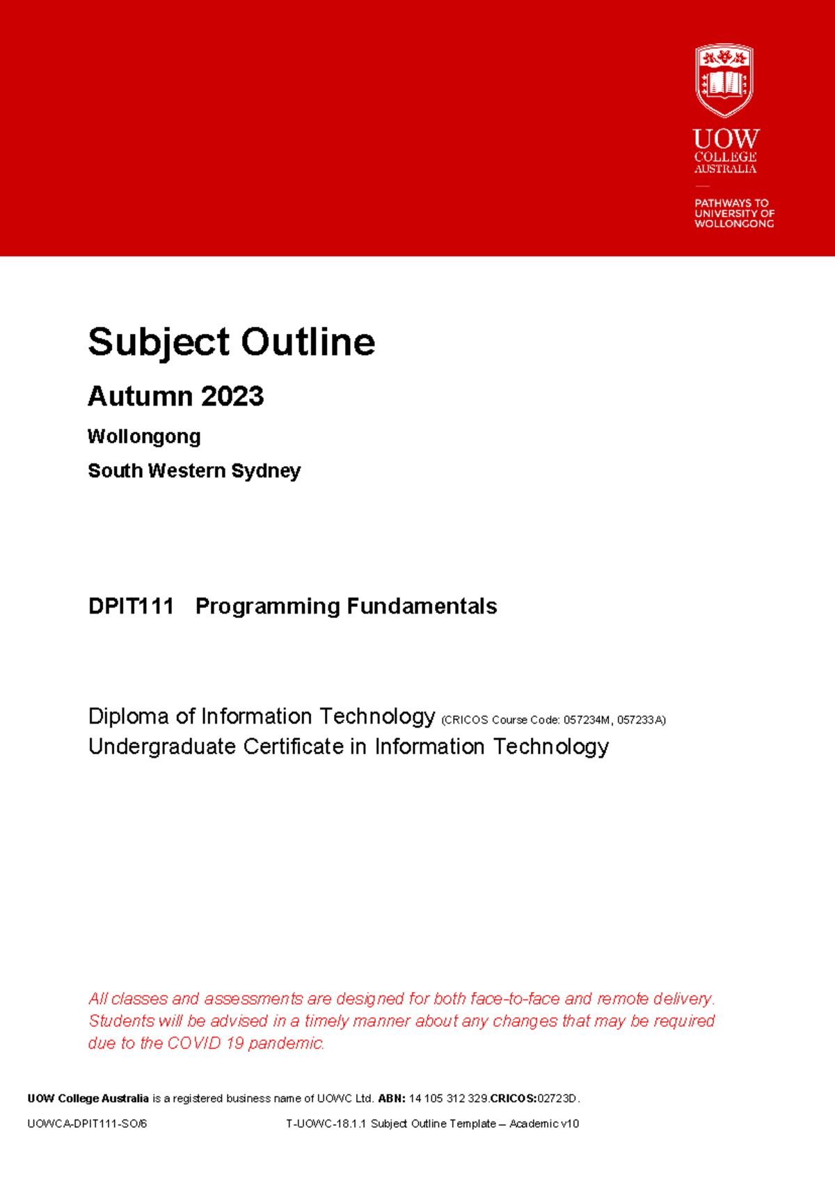 2023 Autumn DPIT111 Subject Outline v7 - Subject Outline Autumn 2023 Wollongong South Western ...