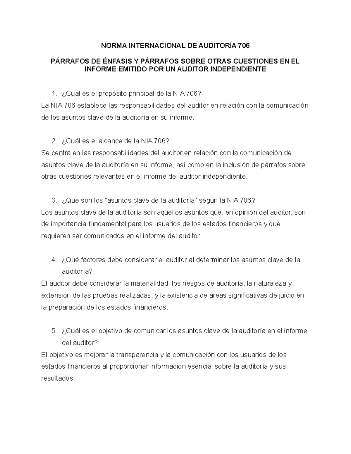 Cuestionario NIA 706 - notas y preguntas nia 706 - NORMA INTERNACIONAL ...