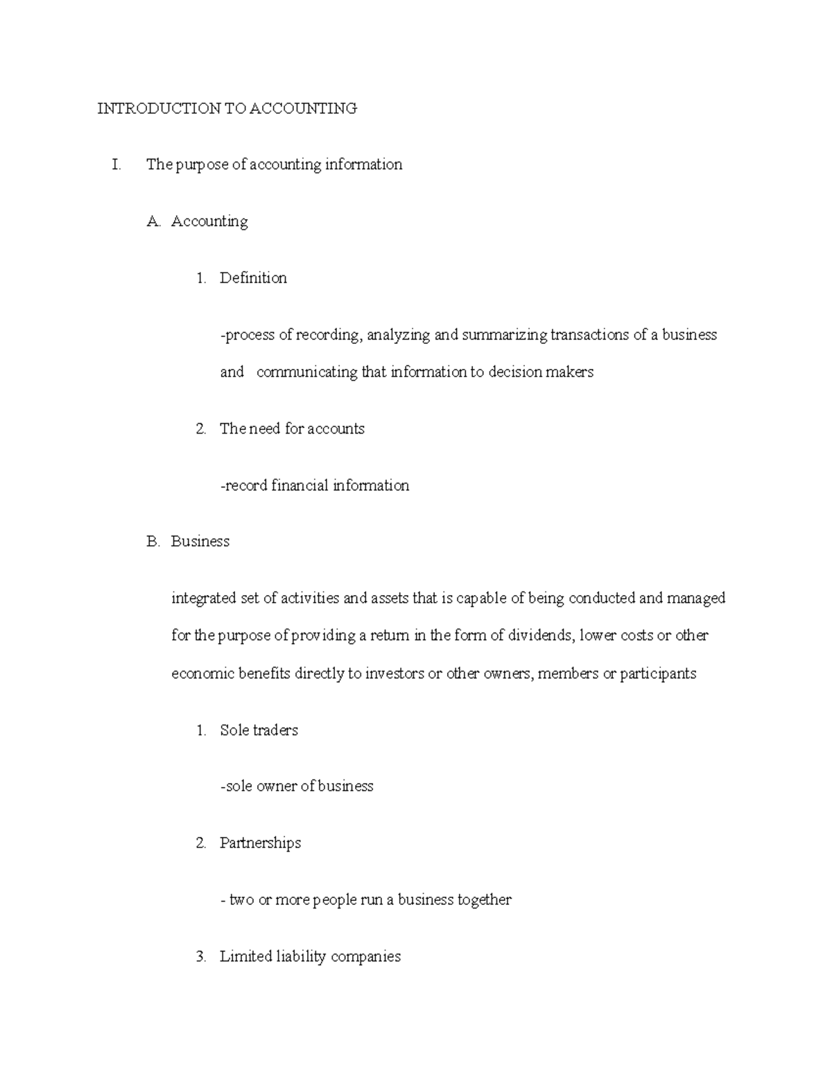 Acc outline ENG - INTRODUCTION TO ACCOUNTING I. The purpose of ...