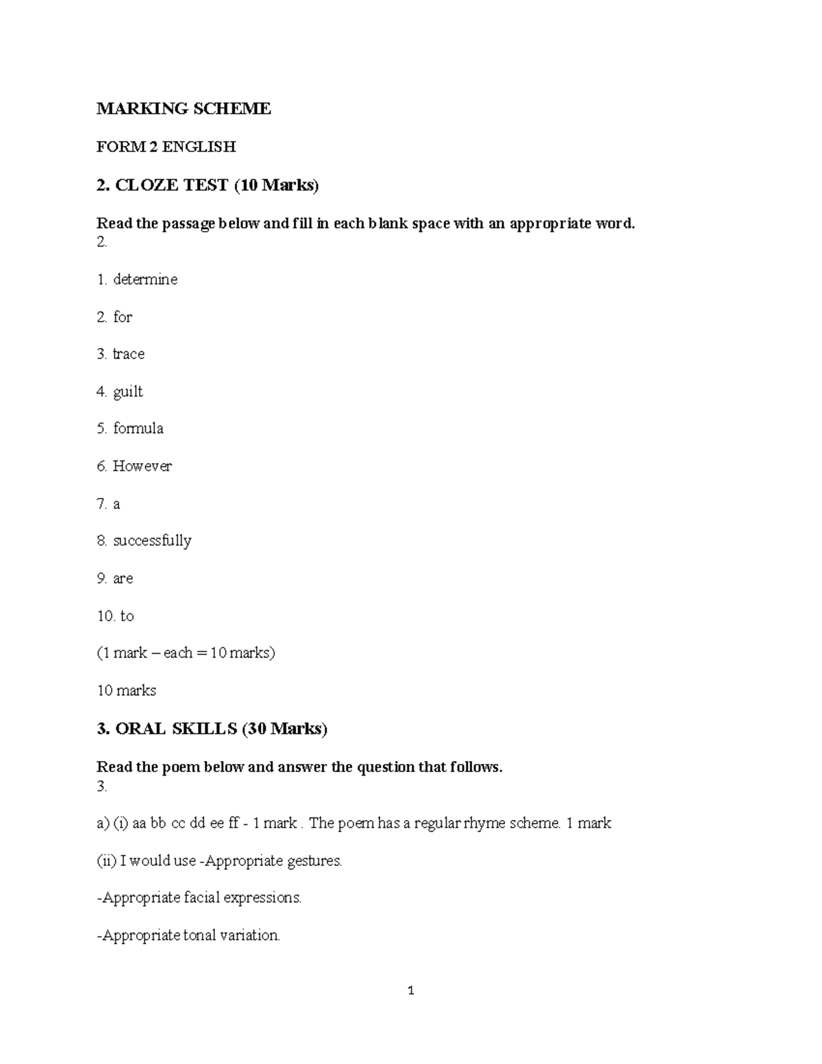 ENG F2 MS - Great - MARKING SCHEME FORM 2 ENGLISH 2. CLOZE TEST (10 ...