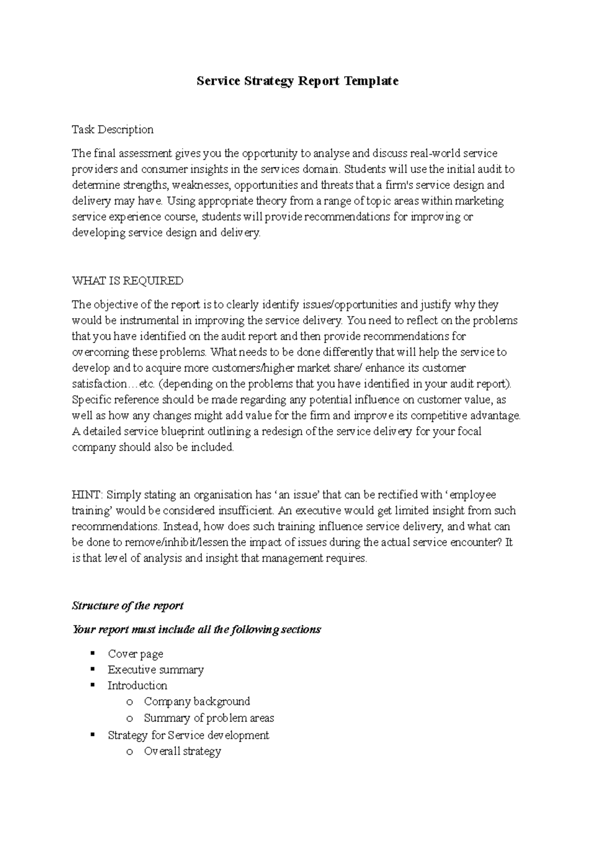 Service Strategy Report Template - Students will use the initial audit ...