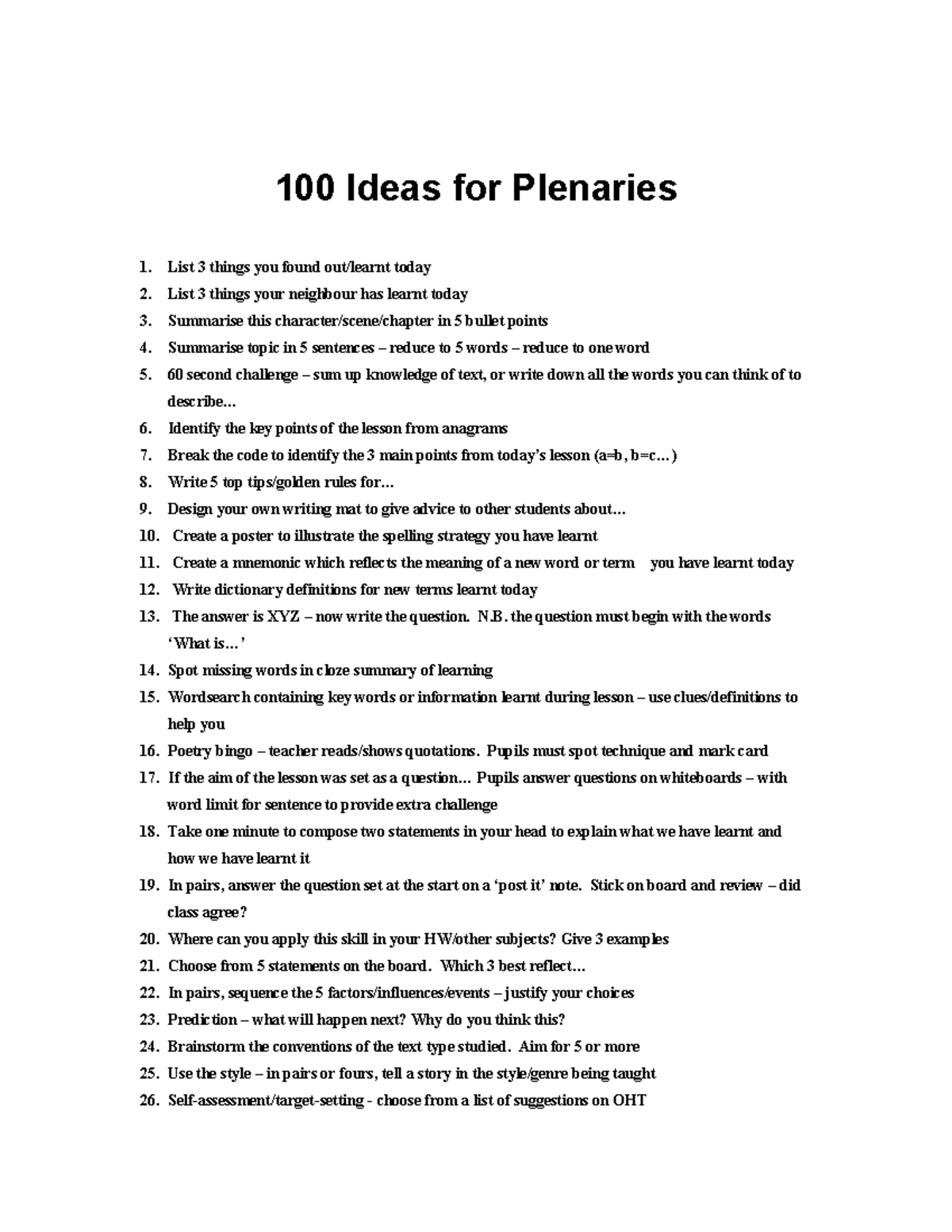 100 Ideas for Plenaries - 100 Ideas for Plenaries 1. List 3 things you ...