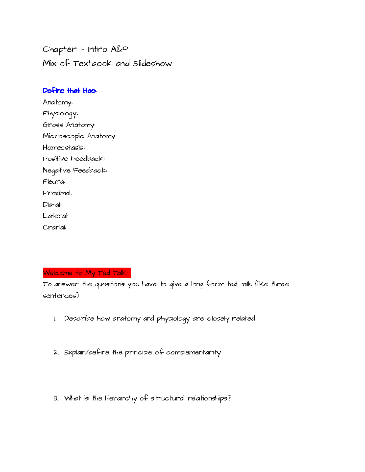 Study Guide - Chapter 1- Intro A&P Mix of Textbook and Slideshow Define ...