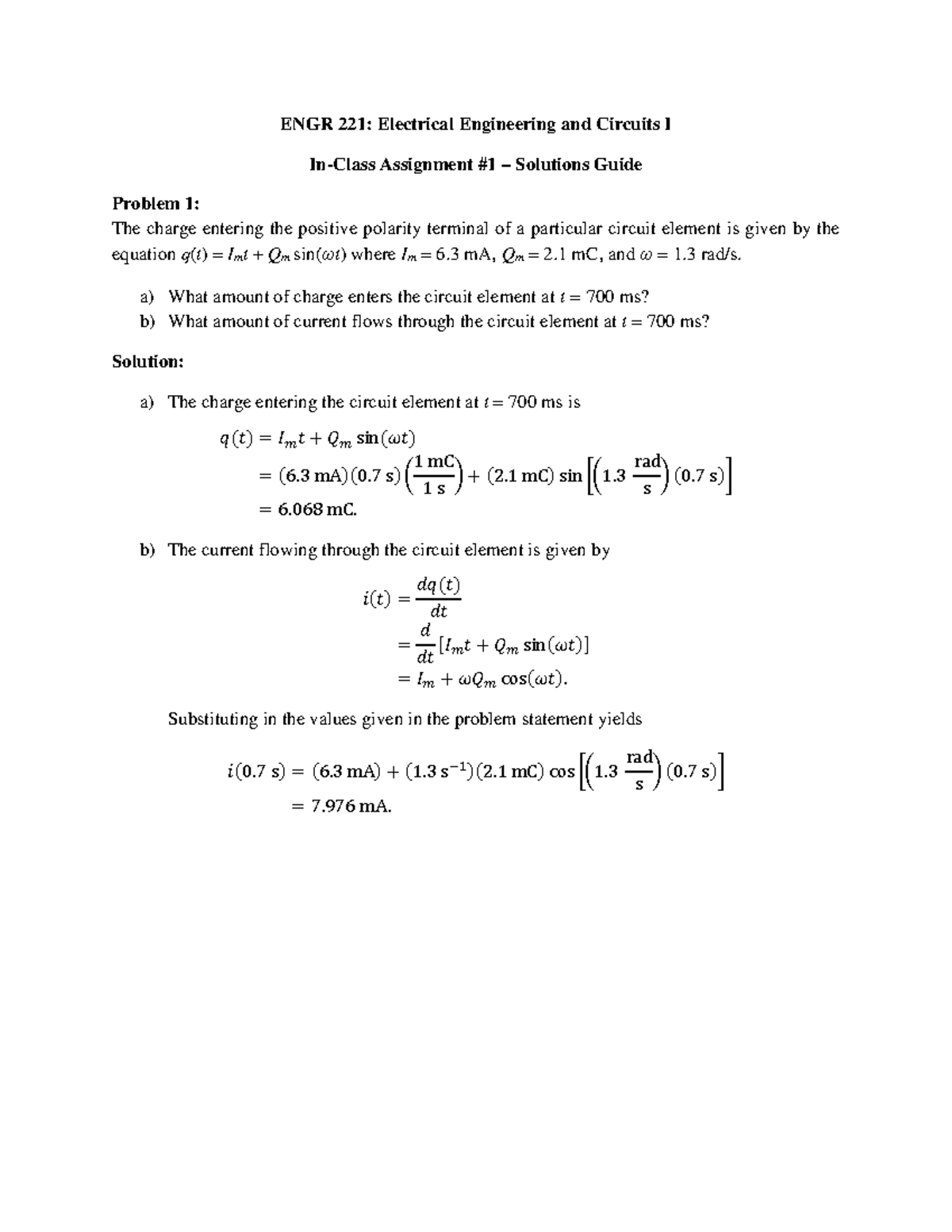 In-Class Assignment #1 - Solutions Guide - ENGR 221: Electrical Engineering and Circuits I In ...