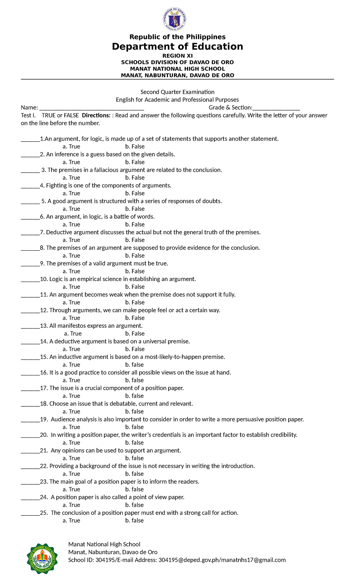 EAPP -ALS - EXAM - Republic of the Philippines Department of Education ...