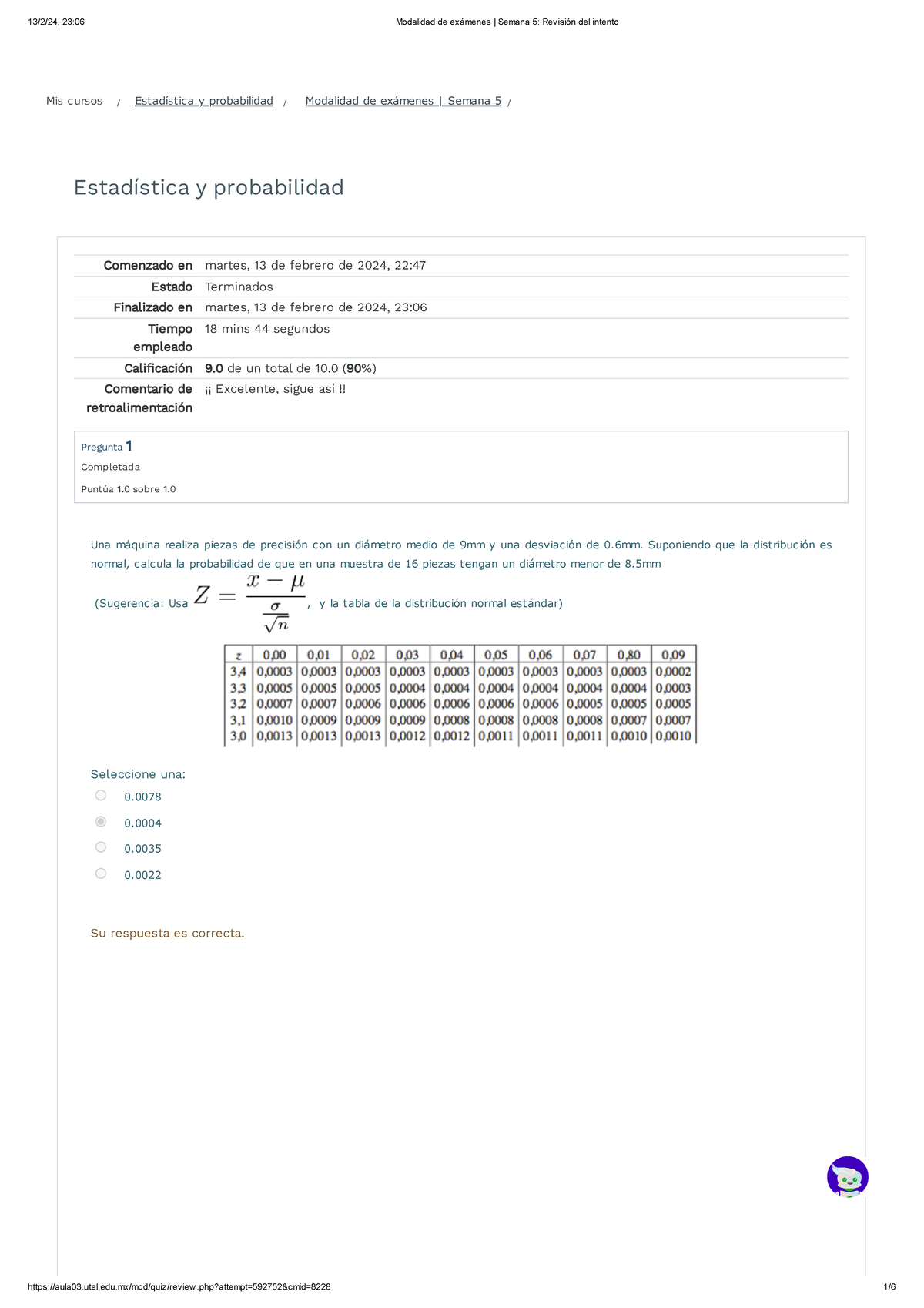 Modalidad de exámenes Semana 5 Revisión del intento - Estadística y probabilidad Comenzado en ...