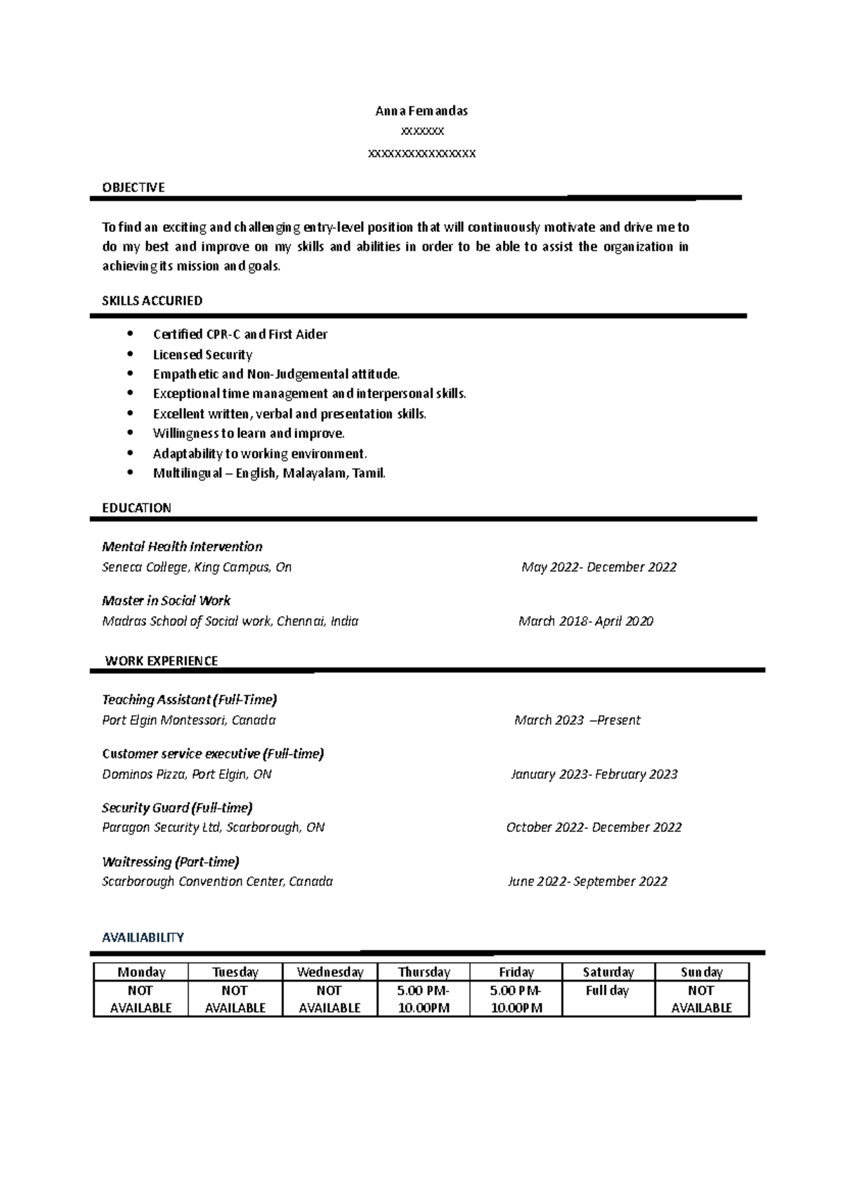 Partime resume - Anna Fernandas xxxxxxx xxxxxxxxxxxxxxxx OBJECTIVE To ...