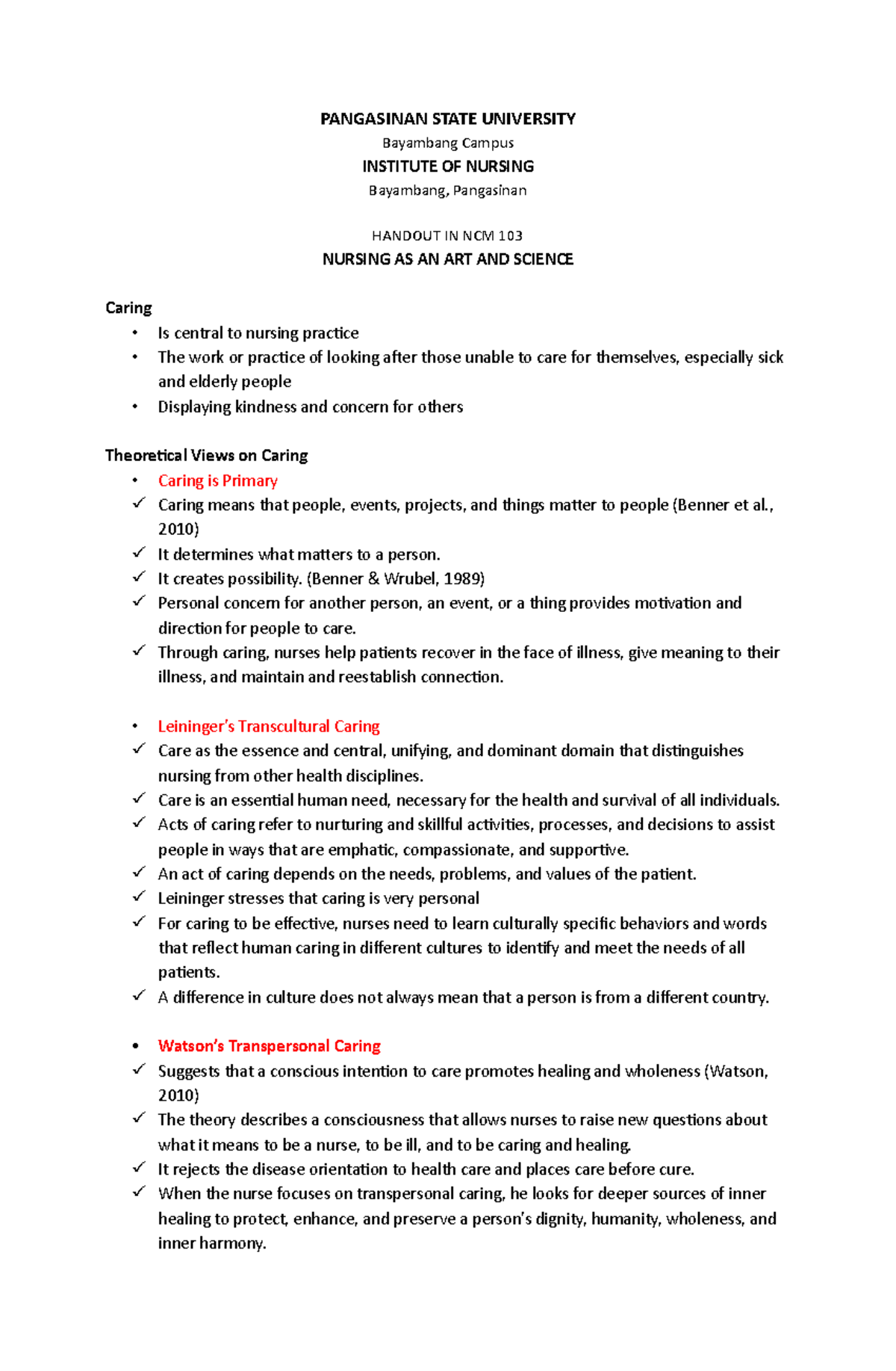Nursing as an Art and Science handout - PANGASINAN STATE UNIVERSITY Bayambang Campus INSTITUTE ...