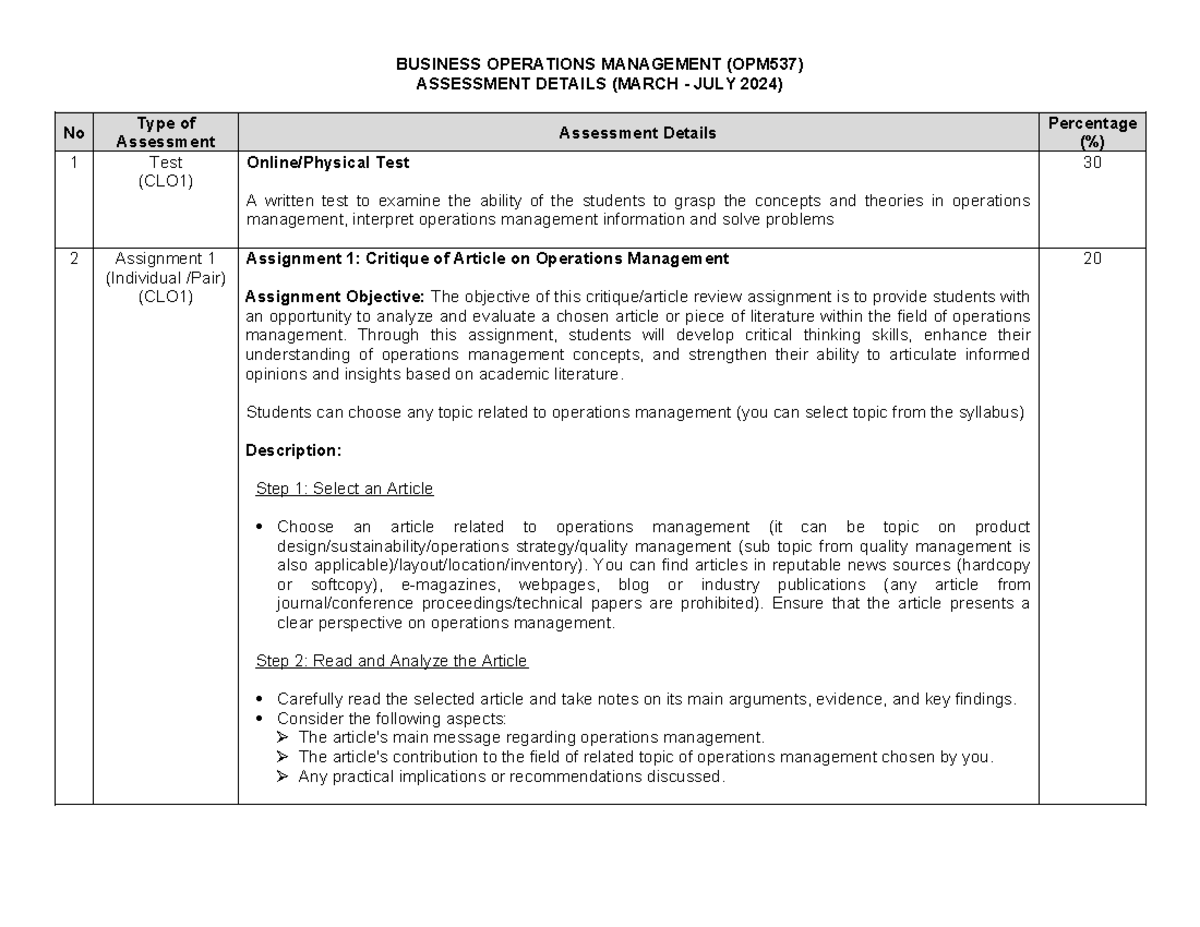 Continuous Assessment Mar-July'24 - BUSINESS OPERATIONS MANAGEMENT ...