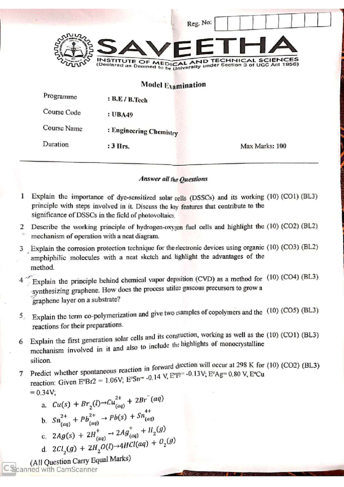 Model exam QP - Practice QB - Reg. No: SAVEETHA (Declared as Deemed to be University under ...