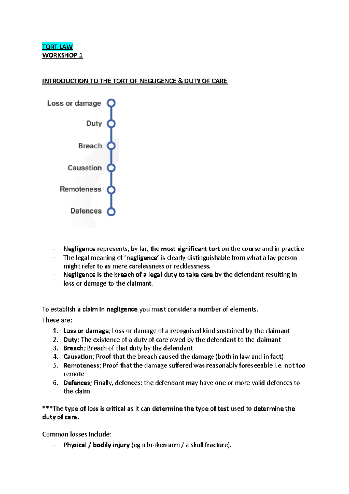 Introduction TO THE TORT OF Negligence & DUTY OF CARE - TORT LAW ...