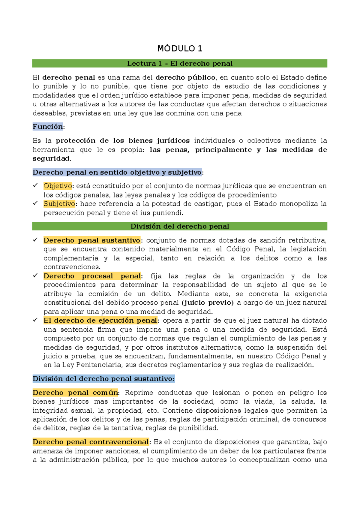 Resumen derecho penal - parte general - MÓDULO 1 Lectura 1 - El derecho penal El derecho penal ...