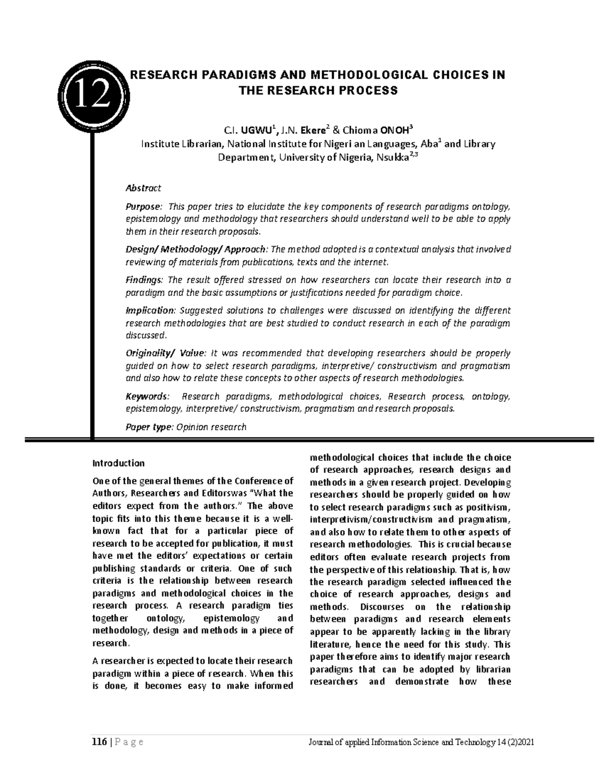 12 - Notes - RESEARCH PARADIGMS AND METHODOLOGICAL CHOICES IN THE ...