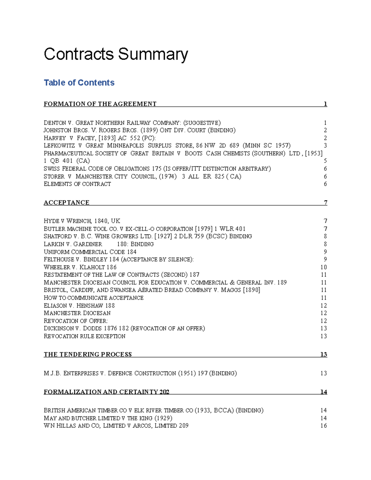 Contracts (Choudhry) - 2021 - Contracts Summary FORMATION OF THE AGREEMENT Table of Contents ...