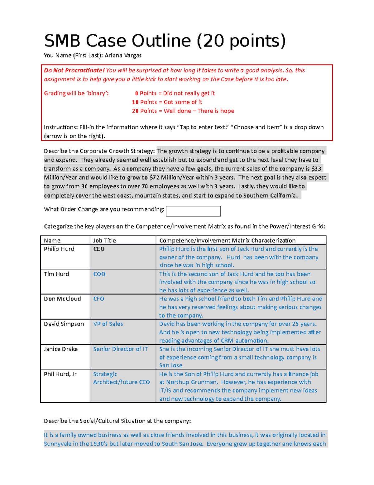 Revised SMB Case Outline - SMB Case Outline (20 points) You Name (First Last): Ariana Vargas Do ...