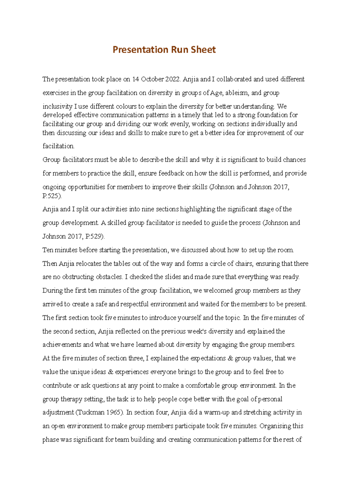 Run Sheet - iii - Presentation Run Sheet The presentation took place on ...