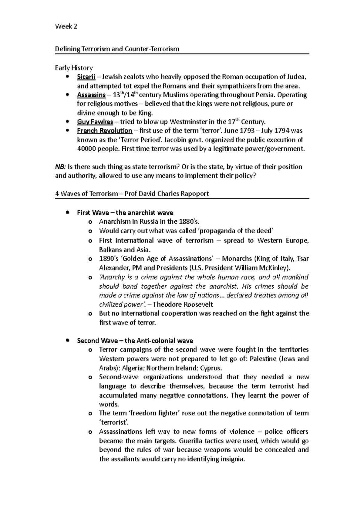 Week 2 (History of Terrorism) - Week 2 Defining Terrorism and Counter ...