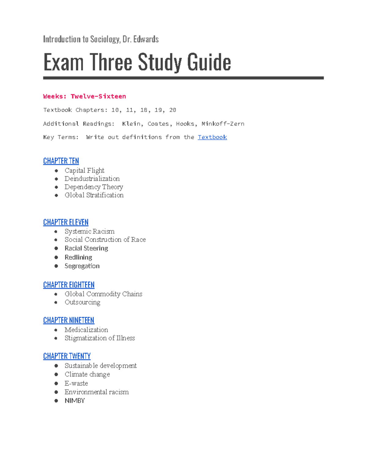 Exam Three Study Guide 2023 Template - Introduction to Sociology, Dr ...