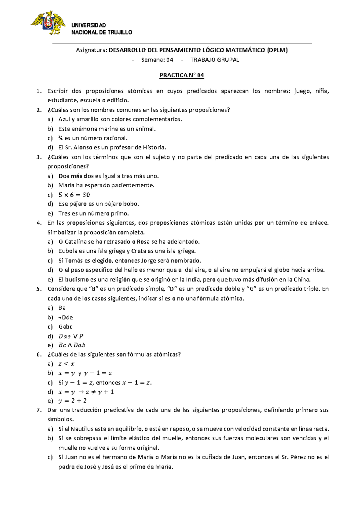 Práctica N° 04 logica de predicados unt - UNIVERSIDAD NACIONAL DE ...