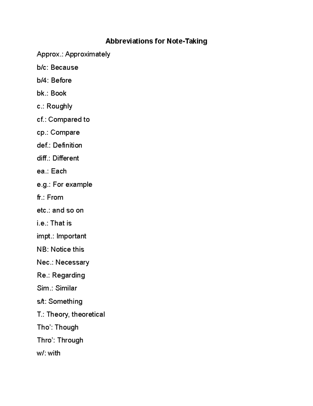 Abbreviations for Note - Abbreviations for Note-Taking Approx ...