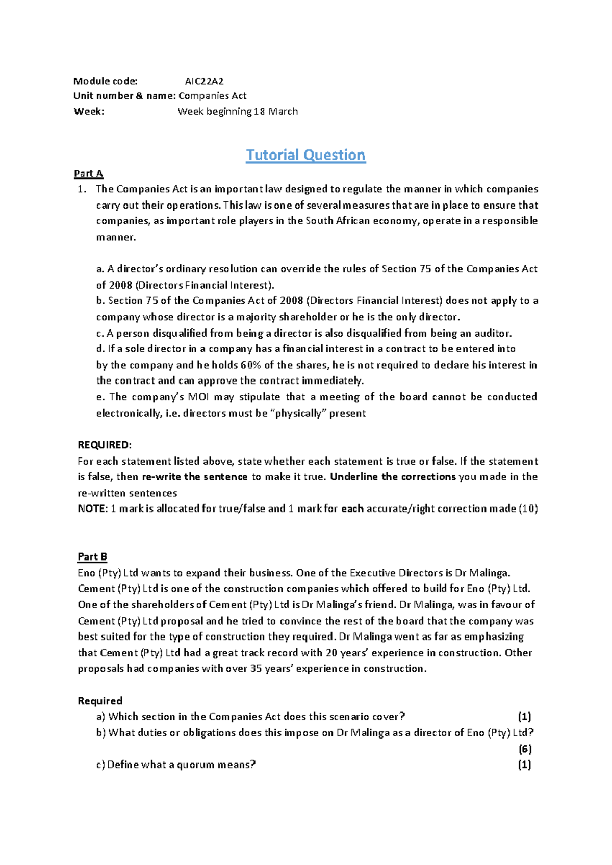 AIC22A2 Tutorial Question - Week of 18th March (Companies Act) - Module ...