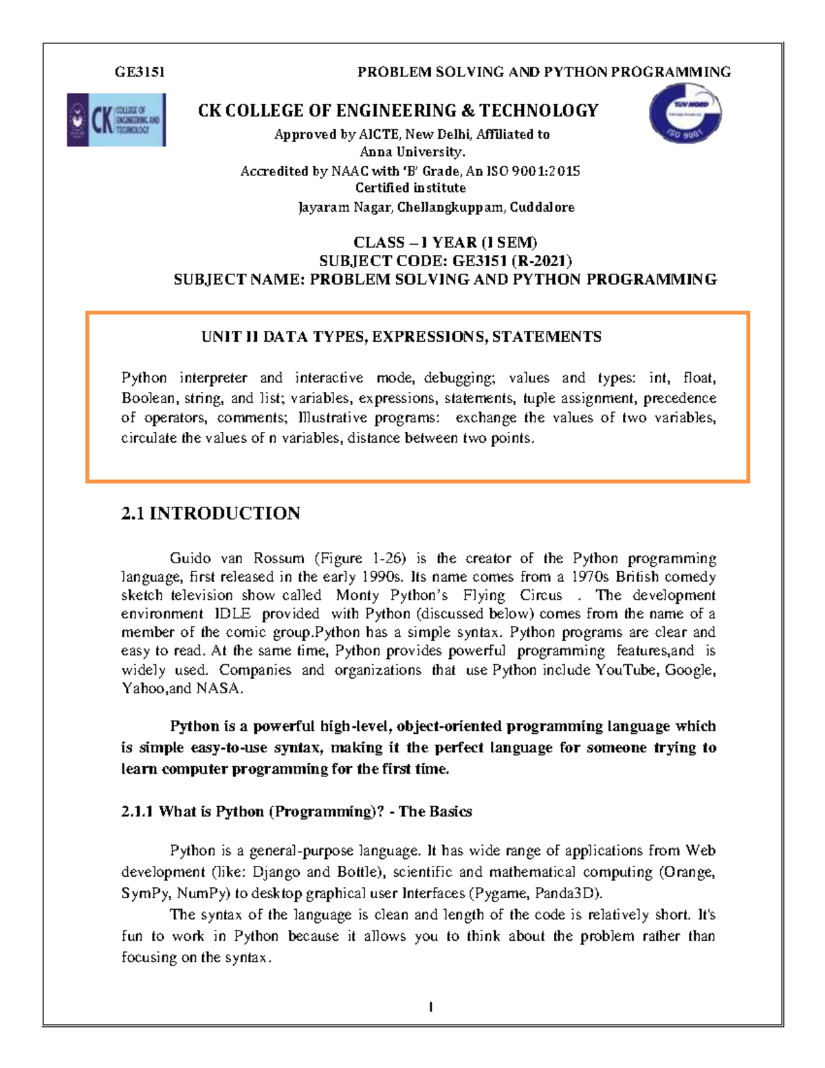 Unit II Python notes - Nil - CK COLLEGE OF ENGINEERING & TECHNOLOGY ...
