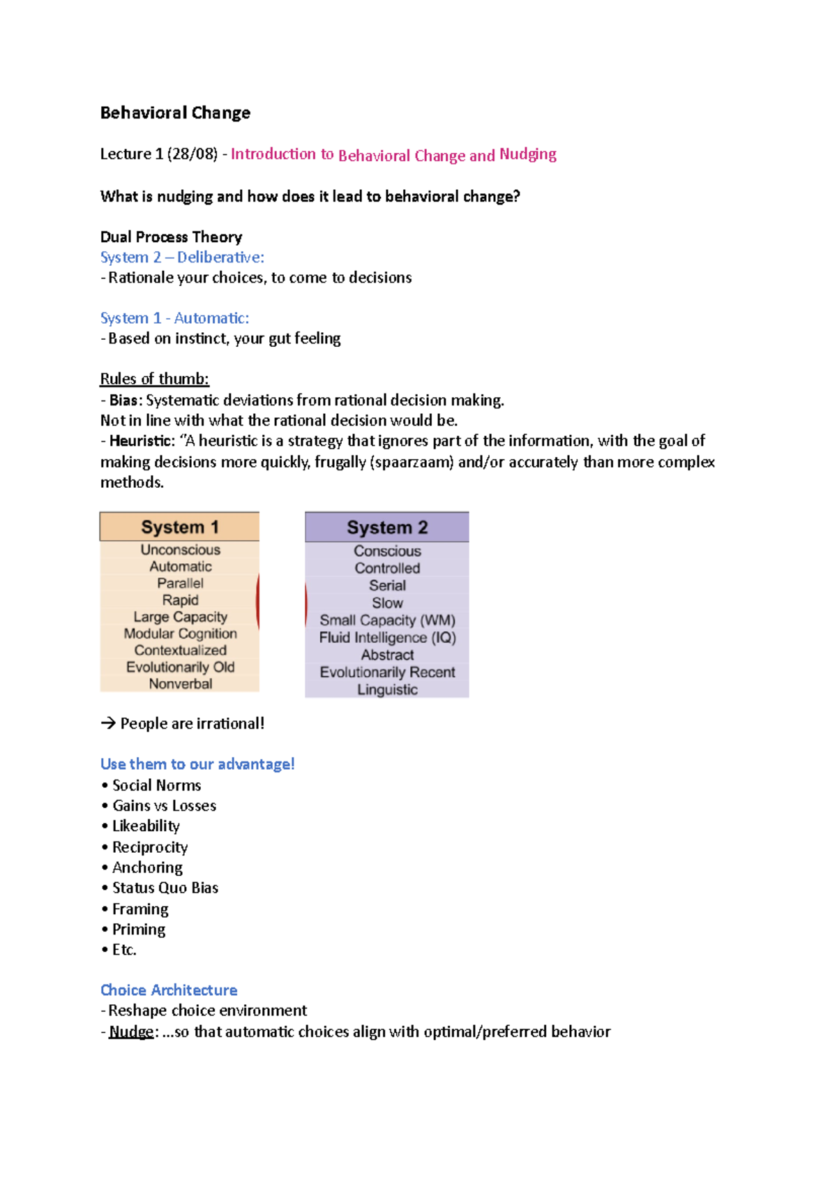 Behavioral Change notes - Behavioral Change Lecture 1 (28/08 ...