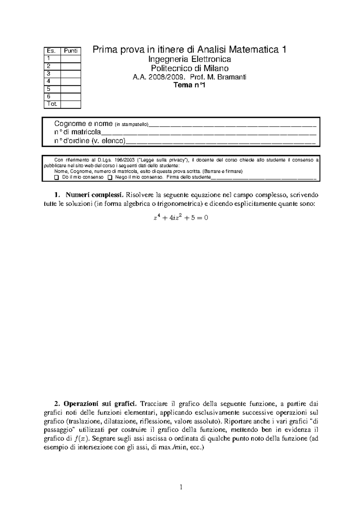 prima prova itinere - Es. Punti 1 2 3 4 5 6 Tot. Prima prova in itinere di Analisi Matematica 1 ...