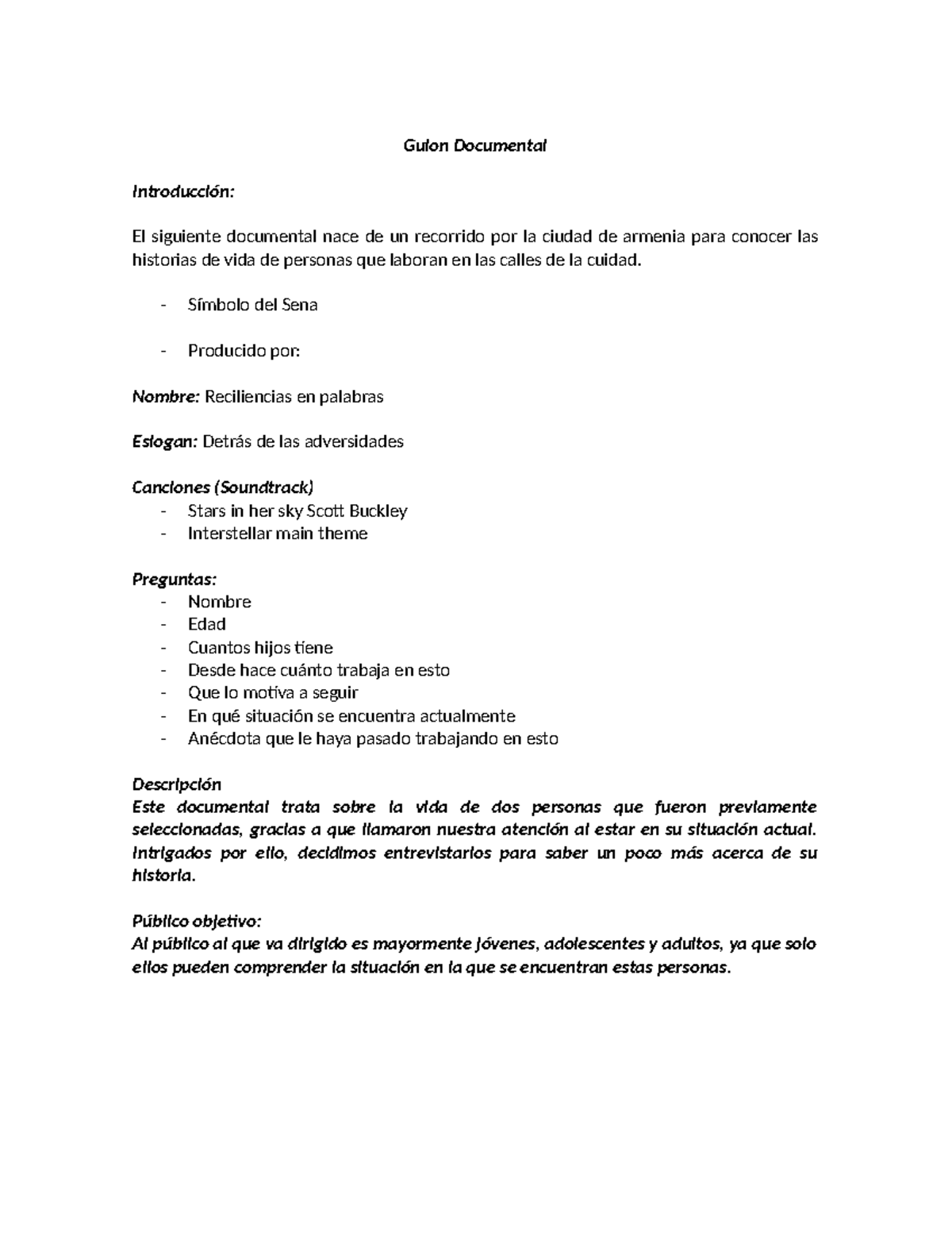 Guion Documental - Guion Documental Introducción: El siguiente ...