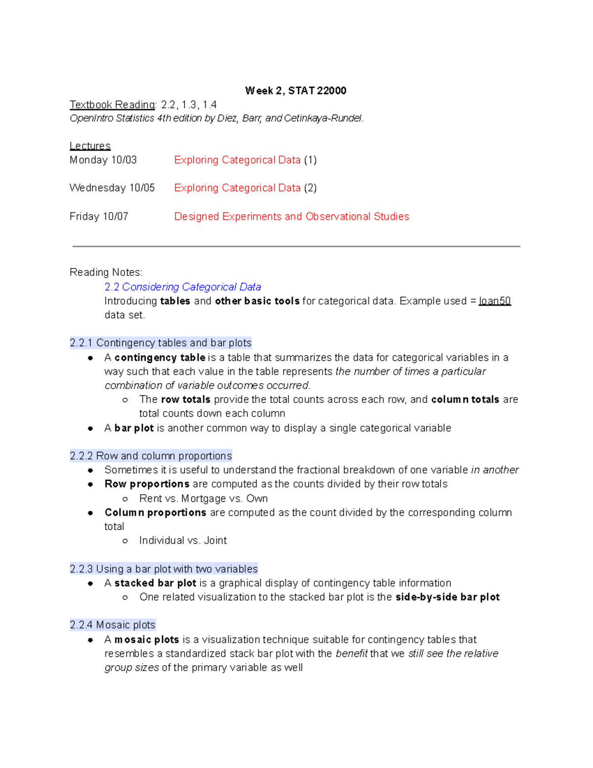 STAT textbook notes WEEK 2 - Week 2, STAT 22000 Textbook Reading : 2, 1 ...