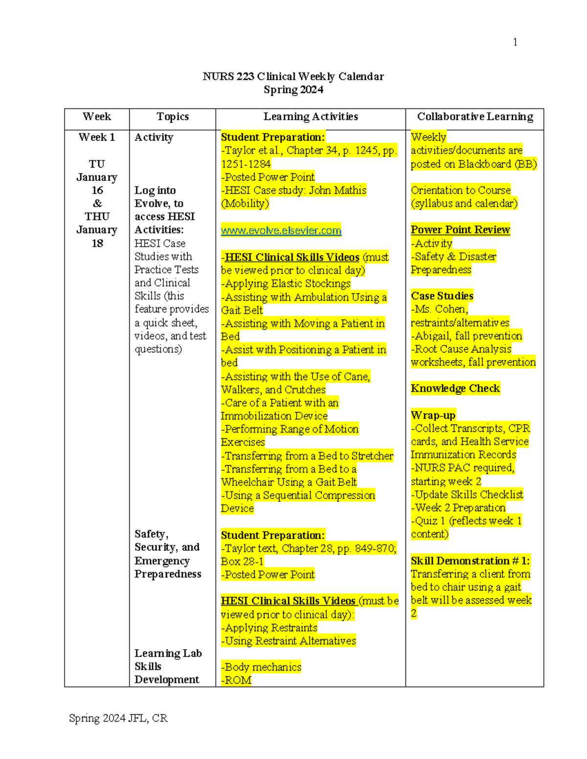NURS 223 Clinical - notes - NURS 223 Clinical Weekly Calendar Spring ...