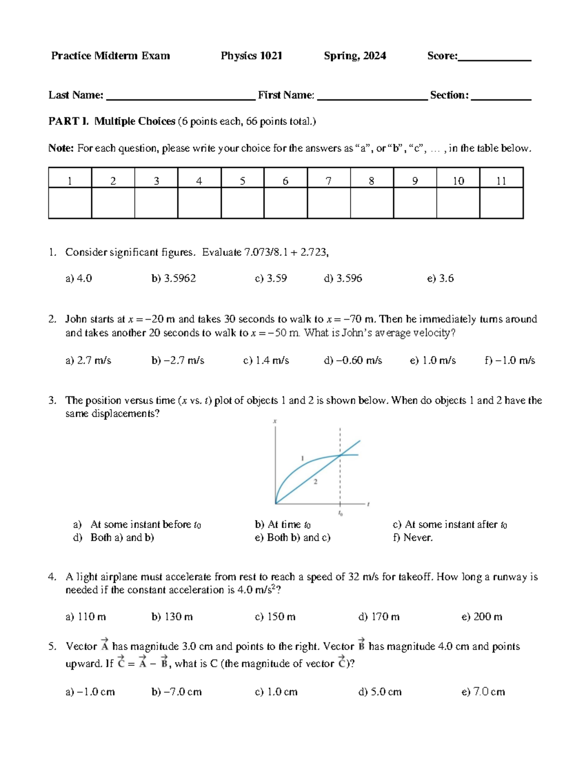 1021 S 2024 Midterm Exam Practice - Practice Midterm Exam Physics 1021 Spring, 20 24 Score: Last ...