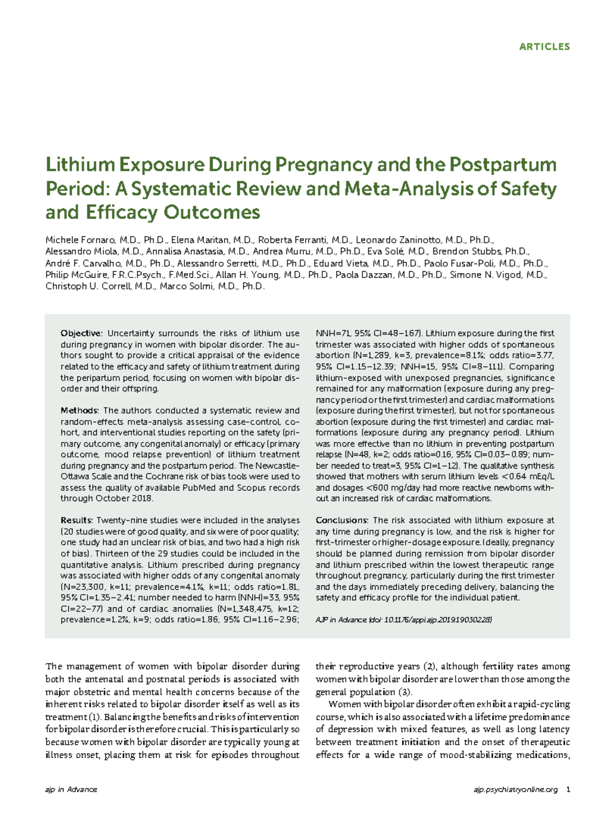 Lithium Exposure During Pregnancy and the Postpartum Period A ...