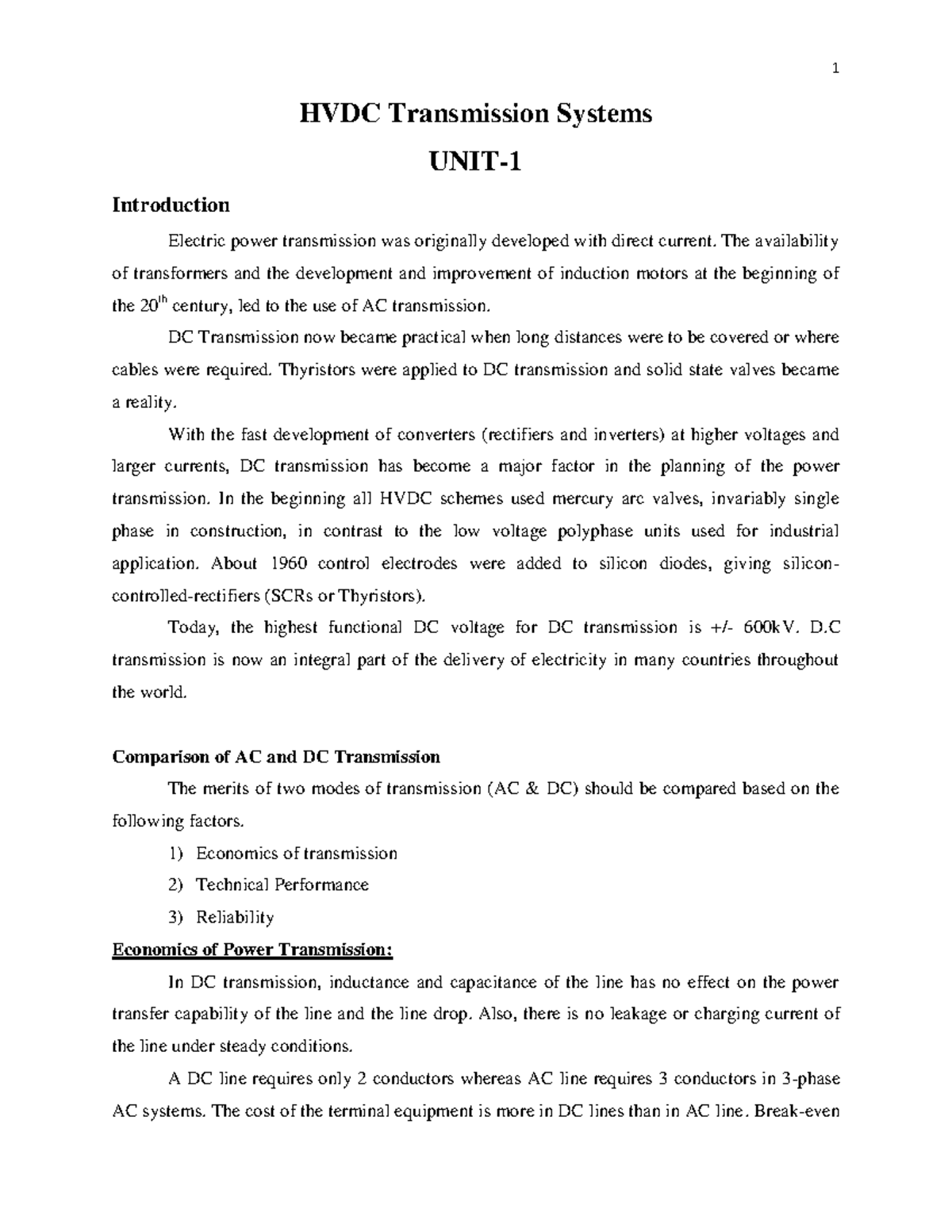 HVDC transmission system - HVDC Transmission Systems UNIT- Introduction ...