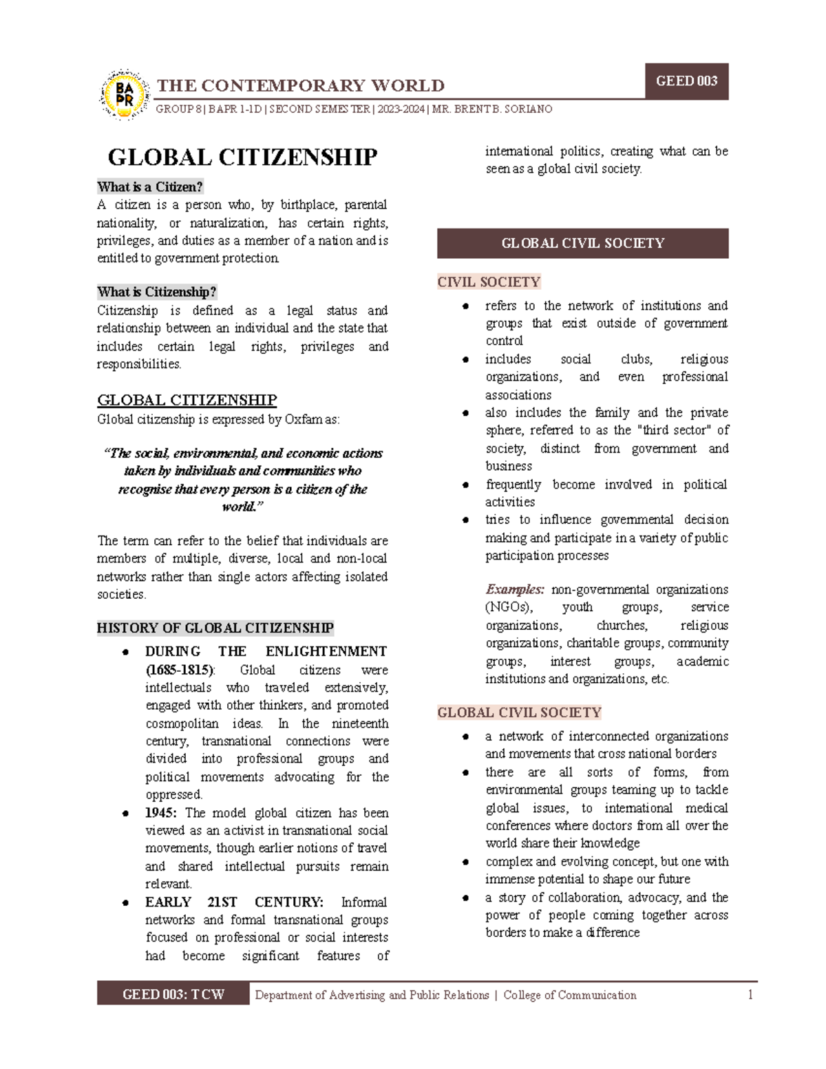 Global Citizenship Group 8 - GROUP 8 | BAPR 1-1D | SECOND SEMESTER ...