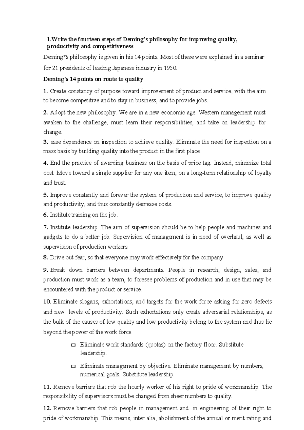 Quality - lec notes - 1 the fourteen steps of Deming’s philosophy for ...