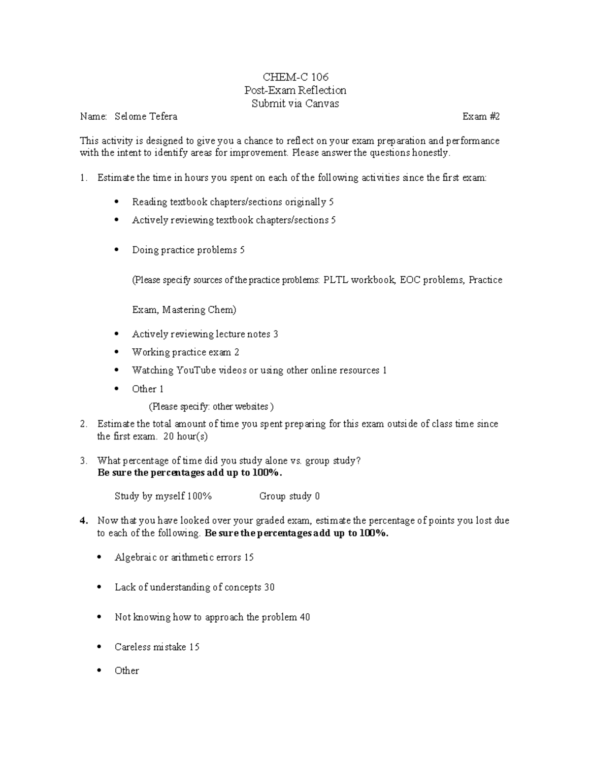C106 PER Ex2 - lab - CHEM-C 106 Post-Exam Reflection Submit via Canvas ...