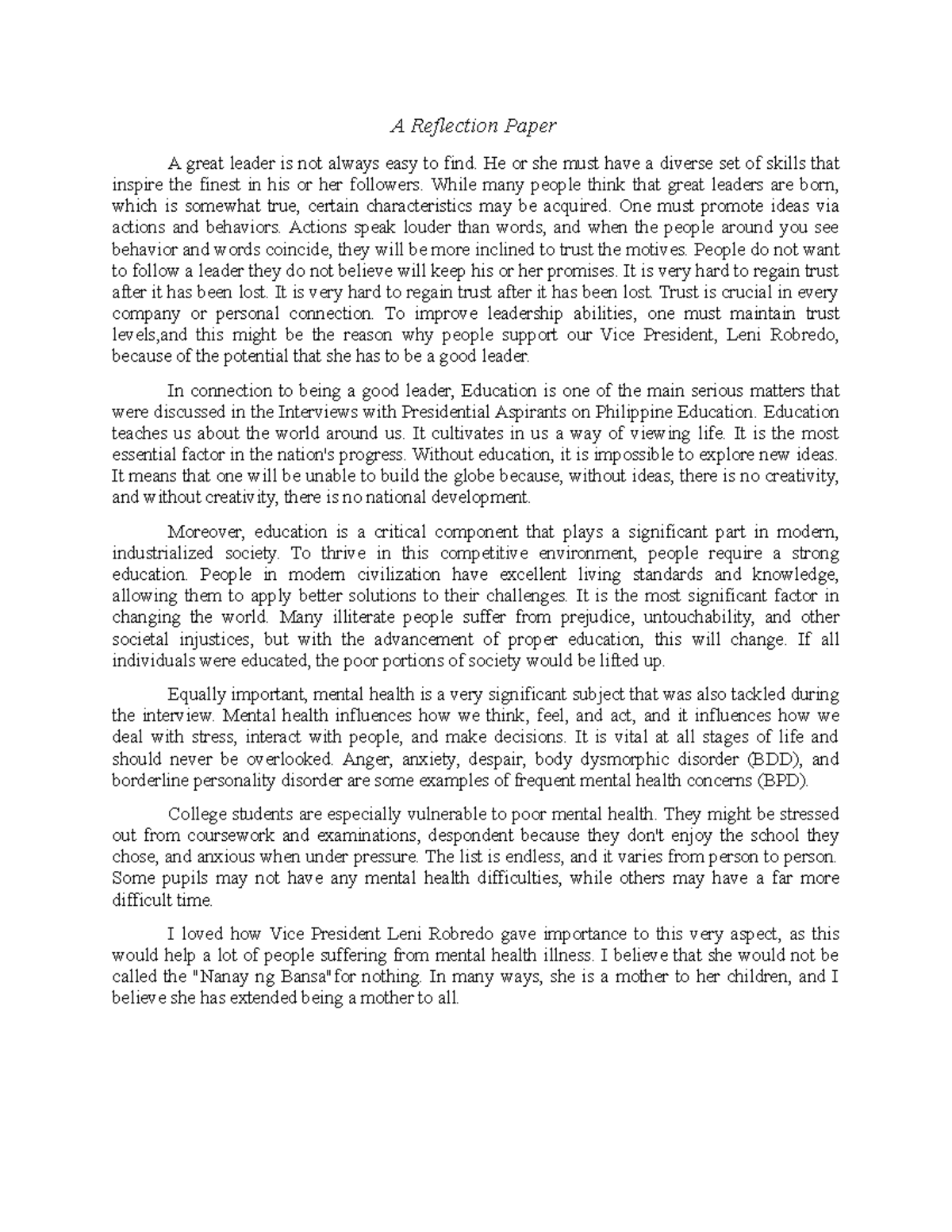 A Reflection Paper - This output is all about how Vice President Leni ...